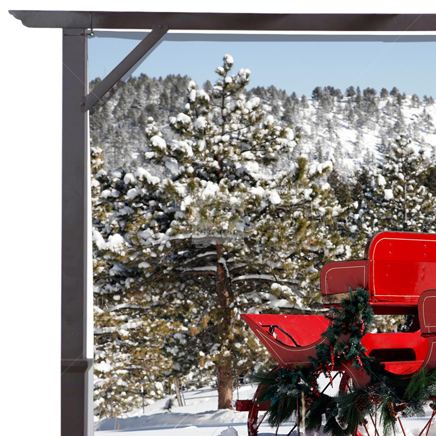 Winter Red Sleigh Patio Backdrop - Holiday Patio Screen - FenceScreen